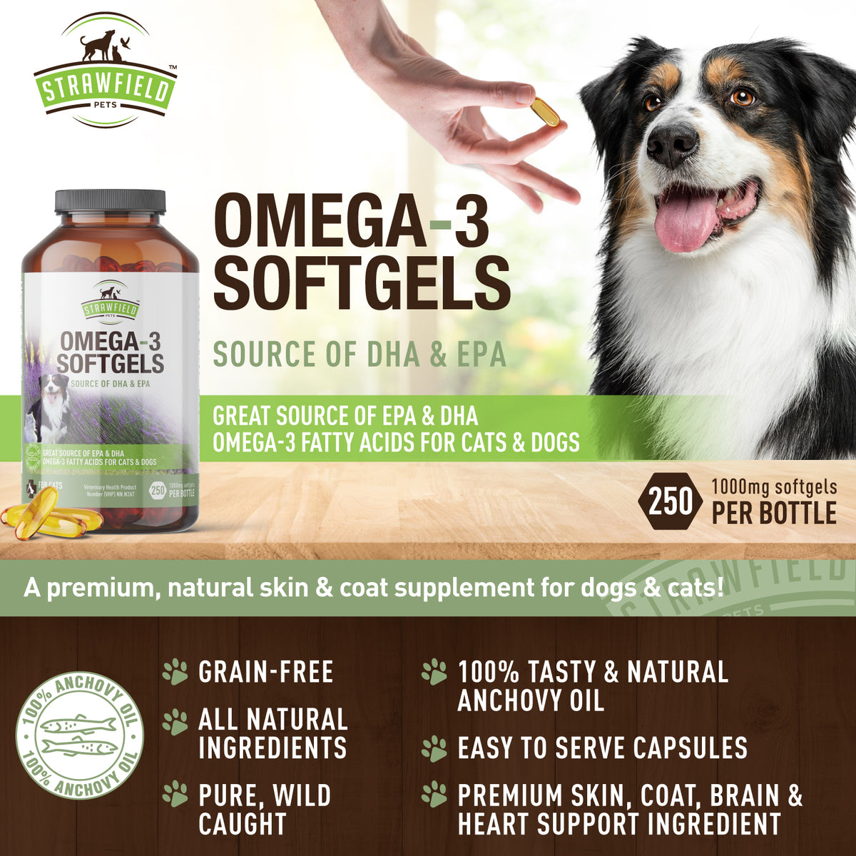 Omega 3 Soft Gels, 1000 mg, 250 Capsules - Strawfield Pets